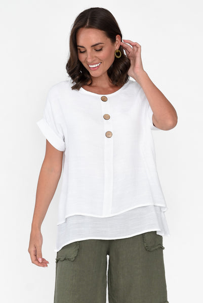 Abilene White Cotton Blend Button Top - Blue Bungalow