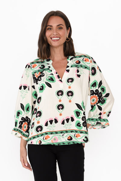 Shanice White Floral Sleeved Top - Blue Bungalow AU