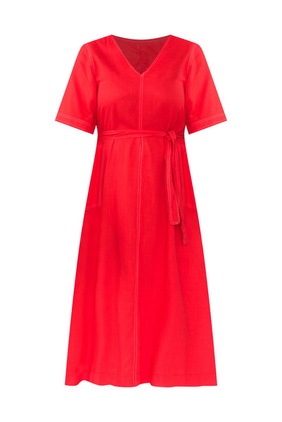 Navarra Red Contrast Linen Blend Dress - Blue Bungalow AU