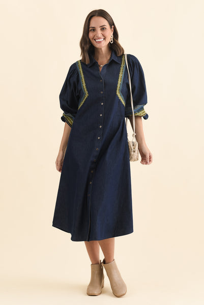 Aerome Blue Denim Puff Sleeve Dress - Blue Bungalow AU