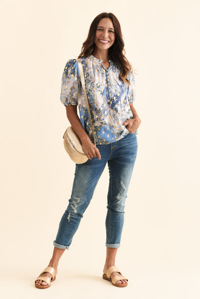 Alexandra Blue Abstract Button Top - Blue Bungalow AU