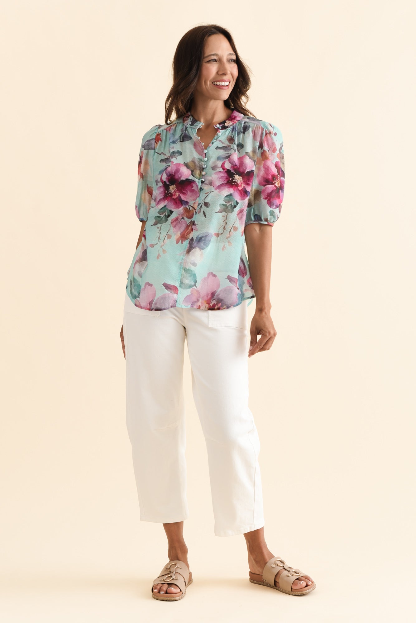 Alexandra Blue Floral Button Top - Blue Bungalow AU