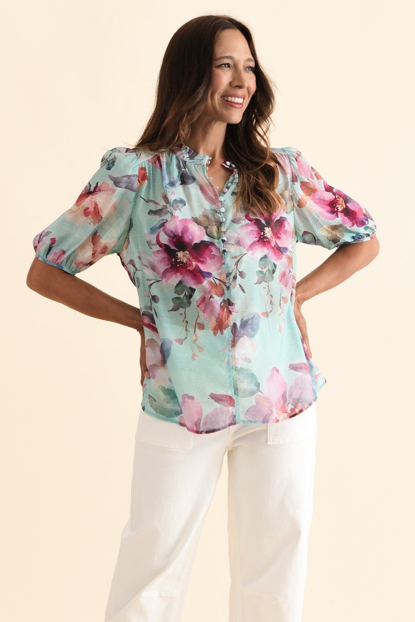 Alexandra Blue Floral Button Top - Blue Bungalow AU