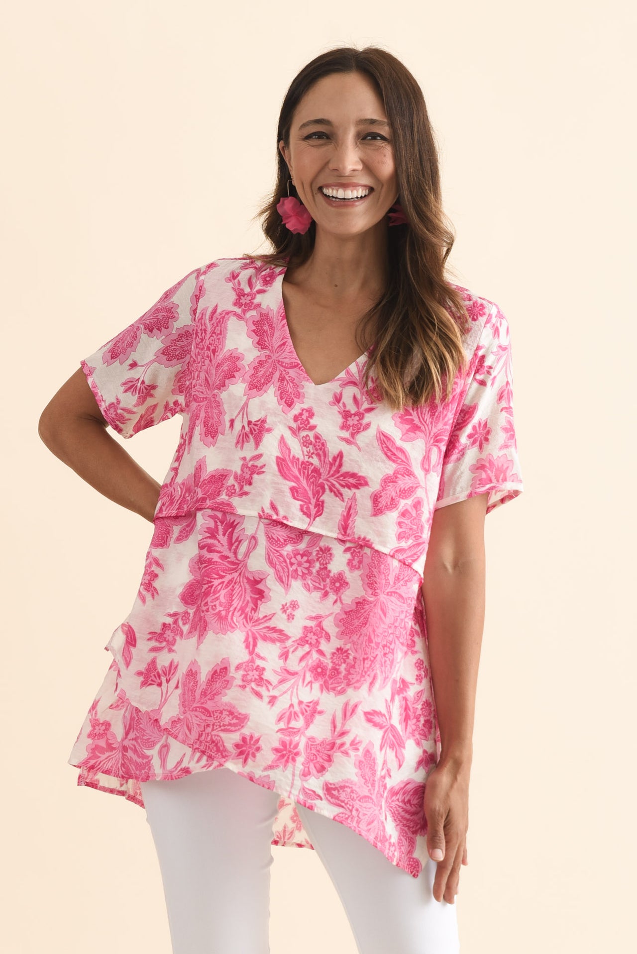 Alvina Pink Floral Layered Tunic Top - Blue Bungalow AU