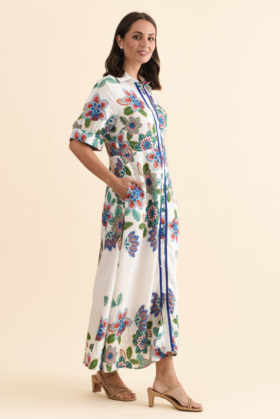 Athens White Floral Linen Cotton Dress - Blue Bungalow AU