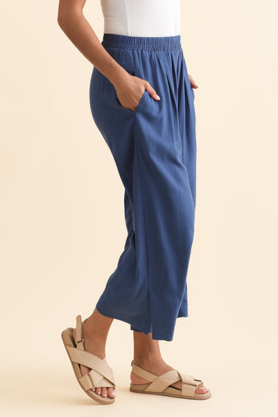 Belinda Blue Linen Blend Cropped Pants - Blue Bungalow AU