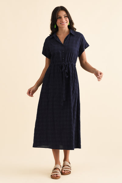 Brydie Navy Check Cotton Blend Dress - Blue Bungalow AU