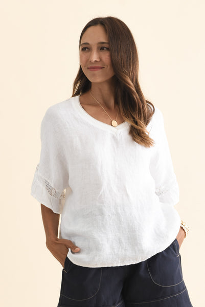 Corina White Linen V Neck Top - Blue Bungalow AU