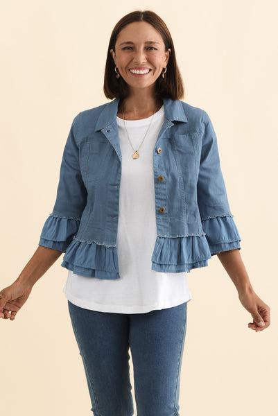 Dolores Blue Cotton Frill Jacket - Blue Bungalow AU