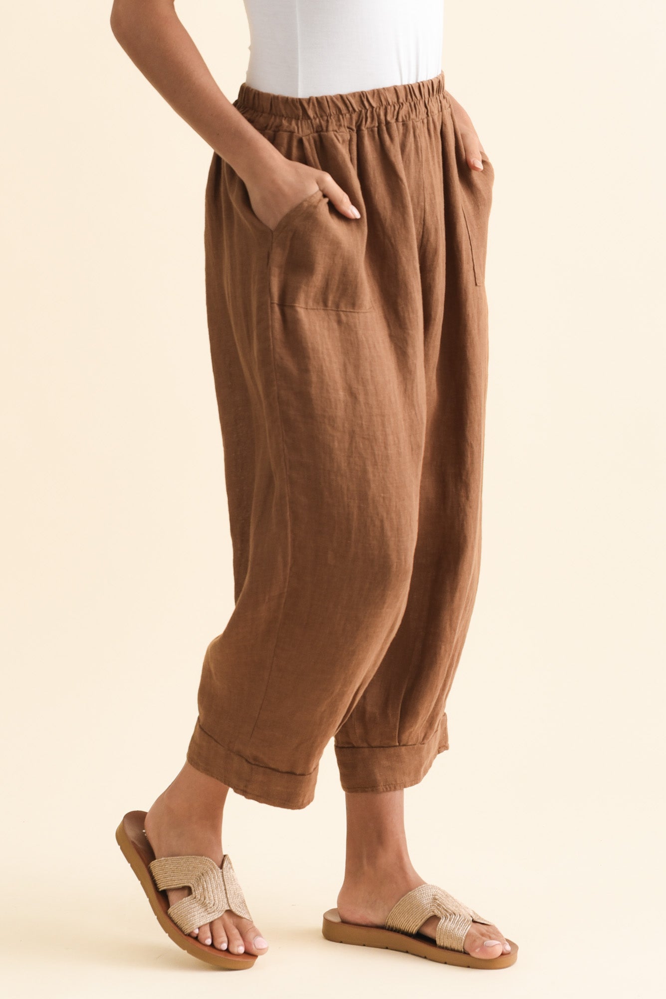 Elide Chocolate Linen Cropped Pants - Blue Bungalow AU
