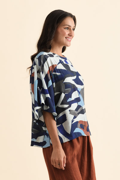 Emilee Blue Abstract Drape Top - Blue Bungalow AU