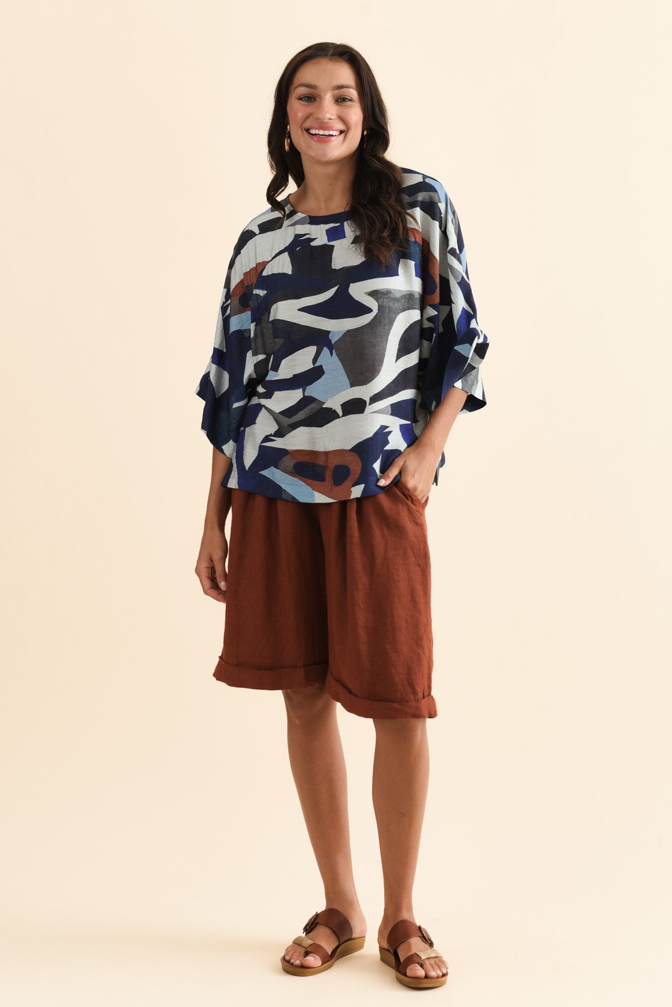 Emilee Blue Abstract Drape Top - Blue Bungalow AU