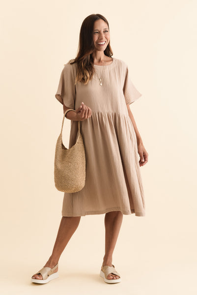 Cloud Gauze Beige Cotton Pocket Dress - Blue Bungalow AU
