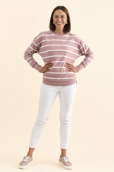 Farrah Blush Stripe Cotton Long Sleeve Top - Blue Bungalow AU