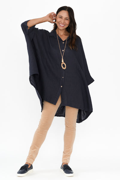 Giada Navy Linen Collared Shirt - Blue Bungalow AU