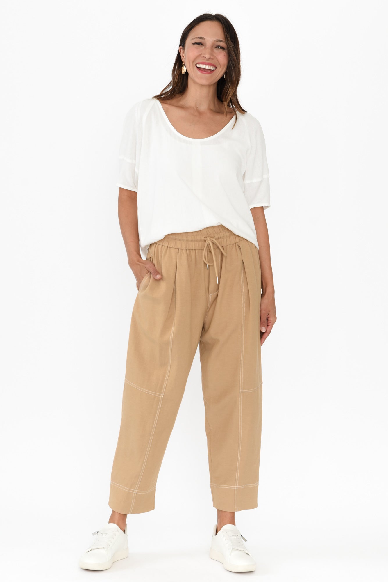 Giana Beige Contrast Drawstring Pants - Blue Bungalow AU