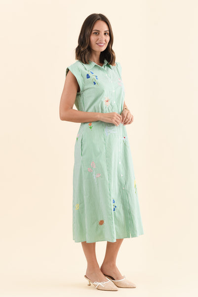 Gloria Green Stripe Cotton Tie Dress - Blue Bungalow AU