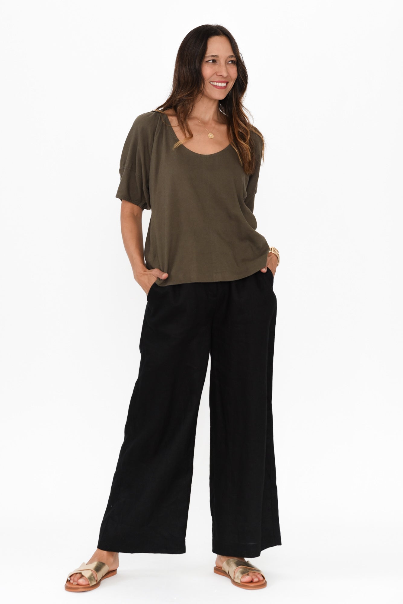 Grove Khaki Linen Blend Top - Blue Bungalow AU