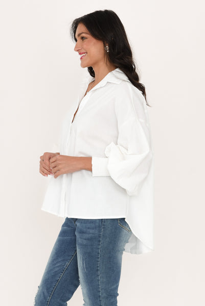 Iona White Cotton Puff Sleeve Shirt - Blue Bungalow AU