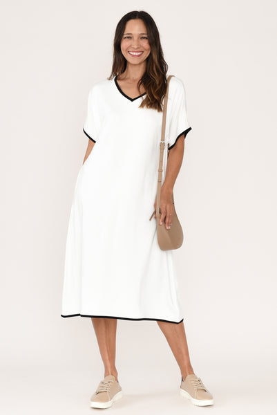 Jemima White Contrast V Neck Dress - Blue Bungalow AU
