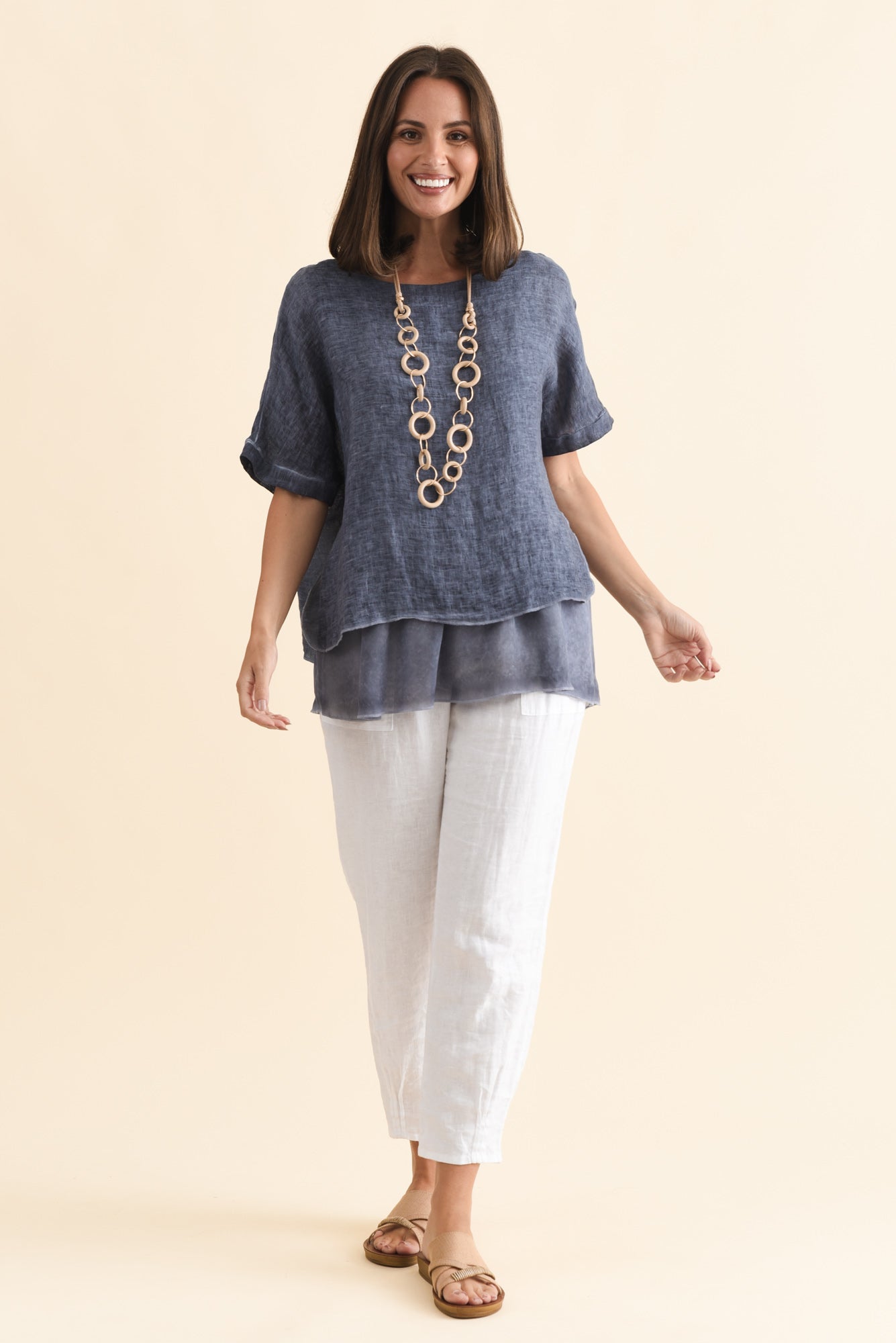 Kayla Dark Blue Linen Layered Top - Blue Bungalow AU