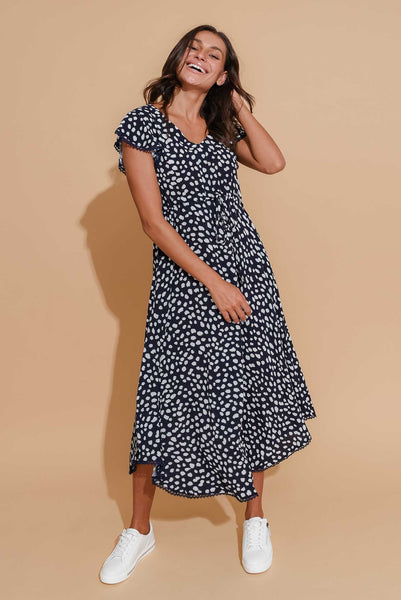 Libby Navy Spot Midi Dress - Blue Bungalow