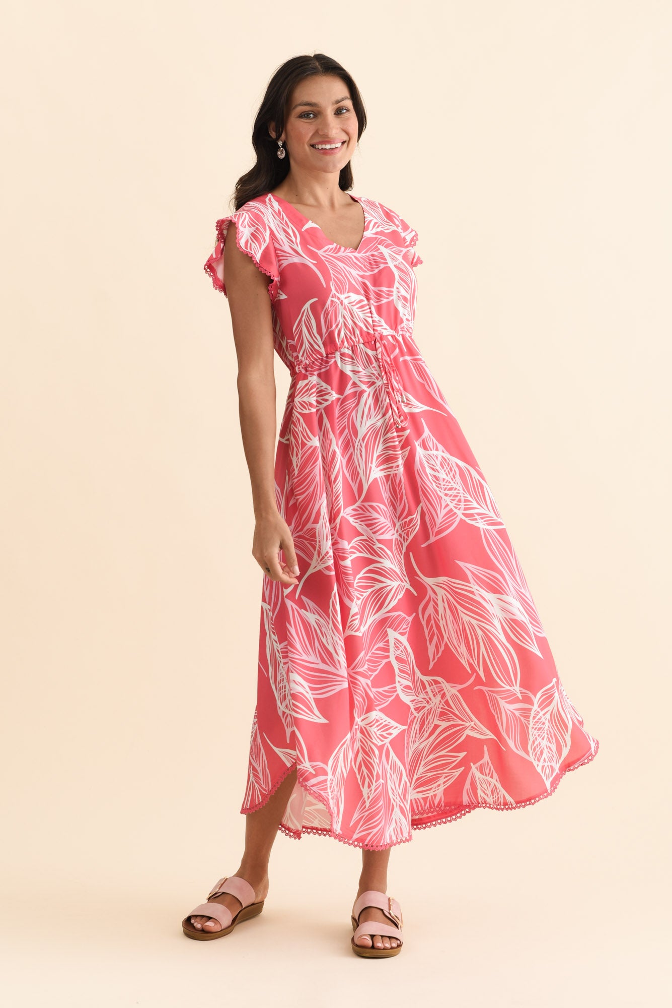 Libby Pink Leaf Midi Dress - Blue Bungalow AU