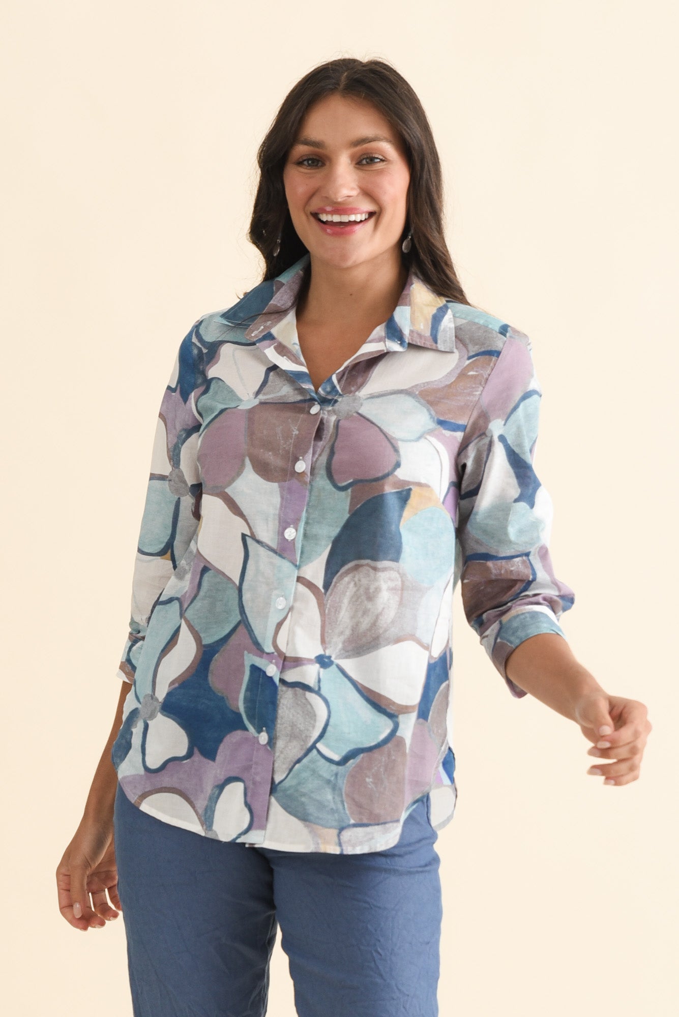 Lilah Blue Flower Cotton 3/4 Sleeved Shirt - Blue Bungalow AU