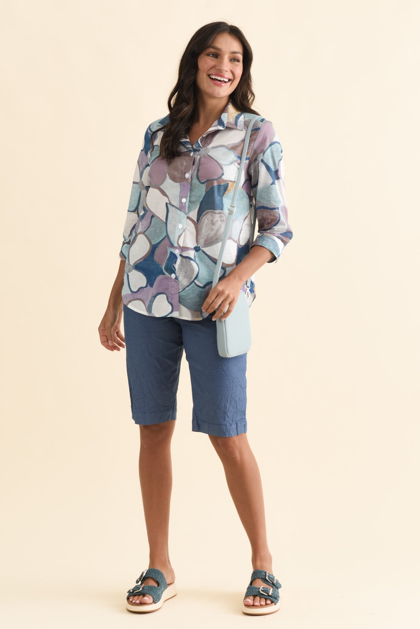 Lilah Blue Flower Cotton 3/4 Sleeved Shirt - Blue Bungalow AU
