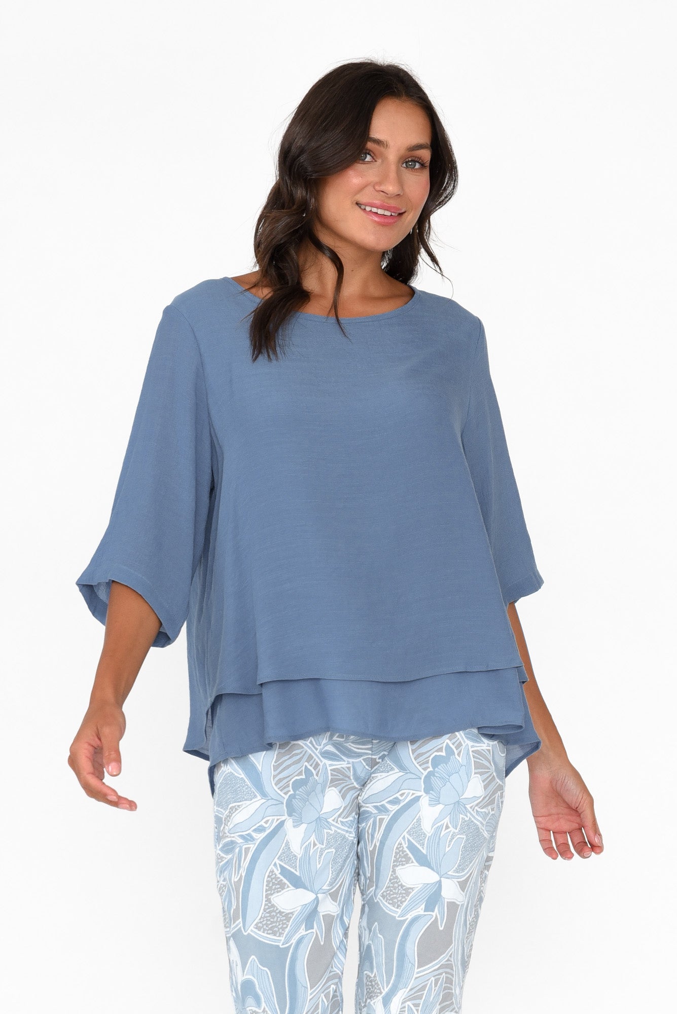 Liora Steel Cotton Blend Layered Top - Blue Bungalow