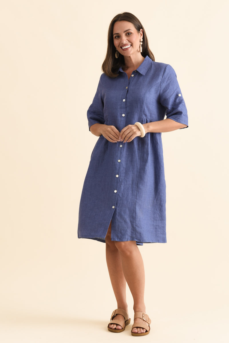 Katy Blue Linen Pocket Dress - Blue Bungalow AU