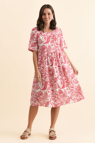 Mackie Red Abstract Cotton Pocket Dress - Blue Bungalow AU