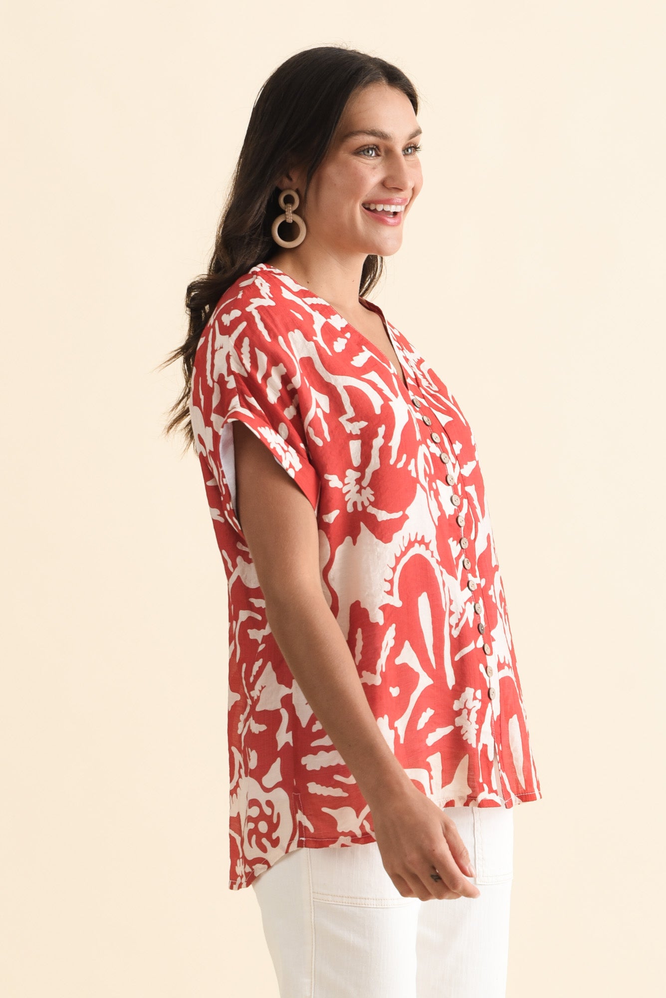 Miray Red Tropical Button Top - Blue Bungalow AU