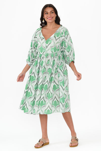 Noelle Green Geo Cotton Pocket Dress - Blue Bungalow AU