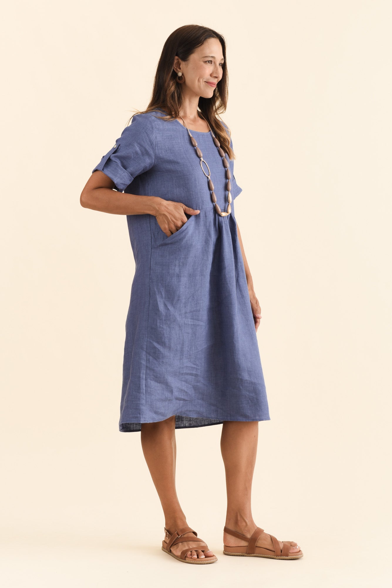 Nolita Dark Blue Linen Pocket Dress - Blue Bungalow AU