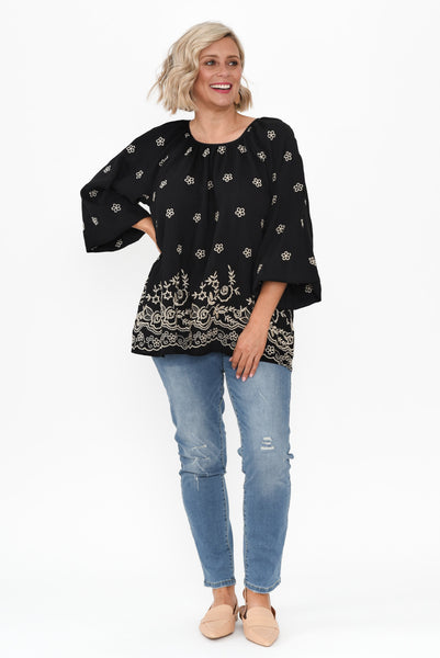 Preston Black Geo Puff Sleeve Top - Blue Bungalow AU
