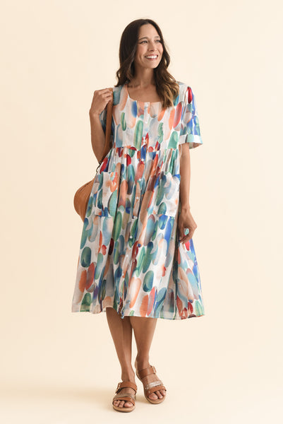 Rayna Blue Abstract Button Dress - Blue Bungalow AU
