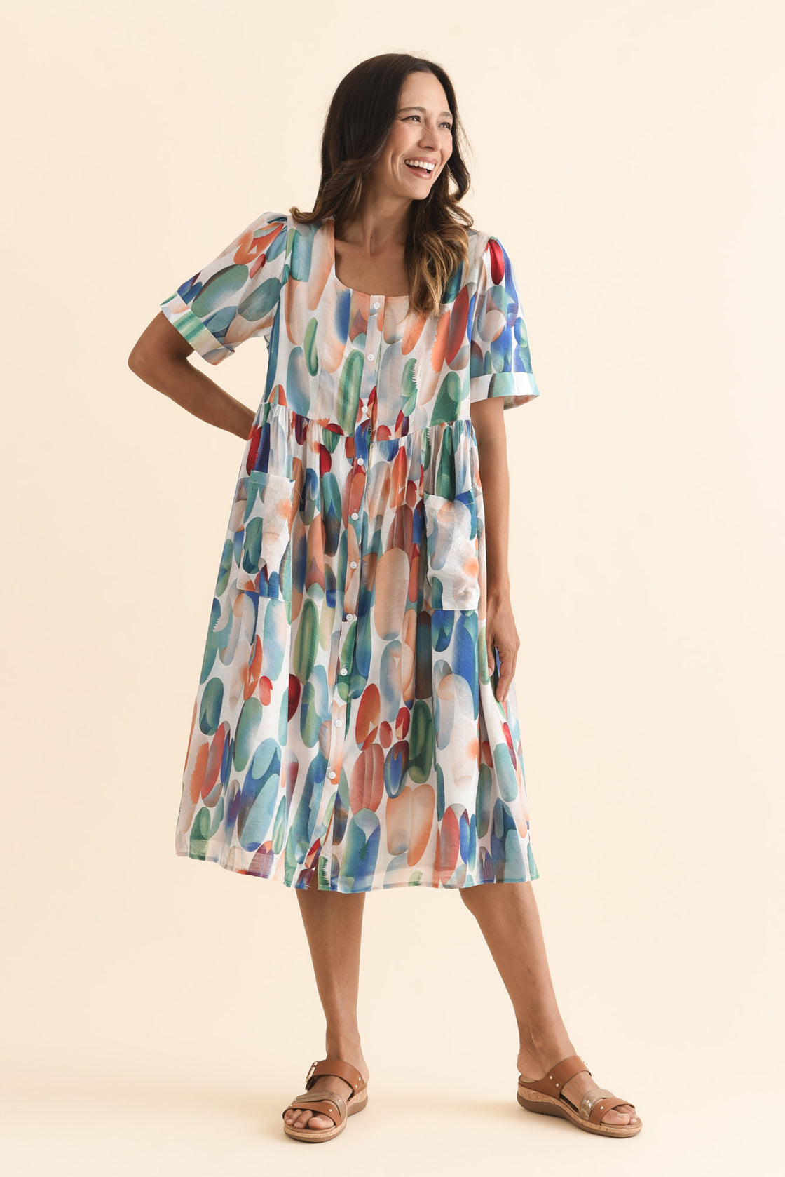 Rayna Blue Abstract Button Dress - Blue Bungalow AU