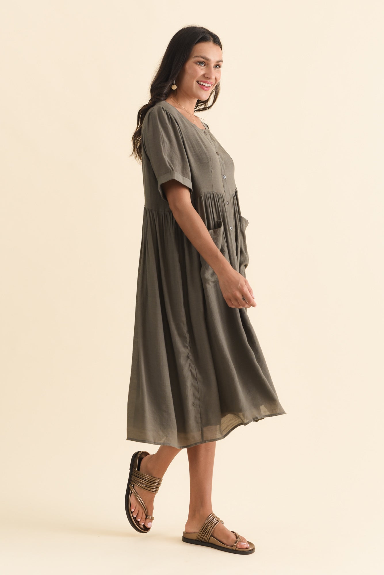Rayna Khaki Button Dress - Blue Bungalow AU