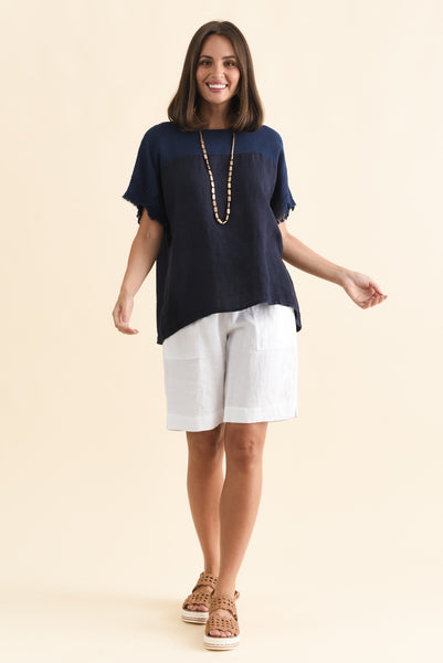Remo Navy Linen Frayed Top - Blue Bungalow AU