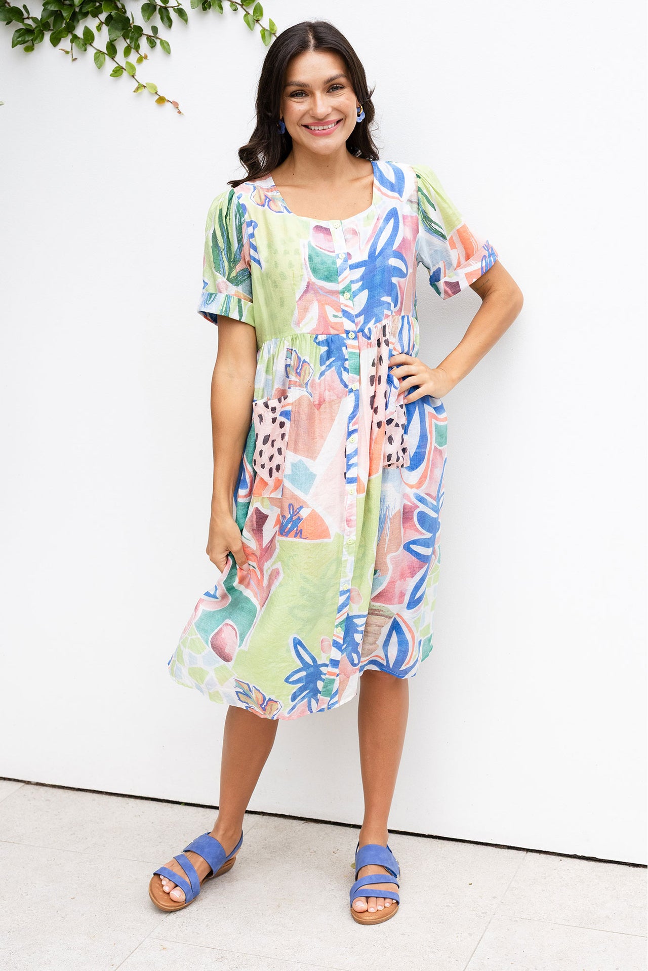 Rayna Blue Flower Button Dress - Blue Bungalow AU