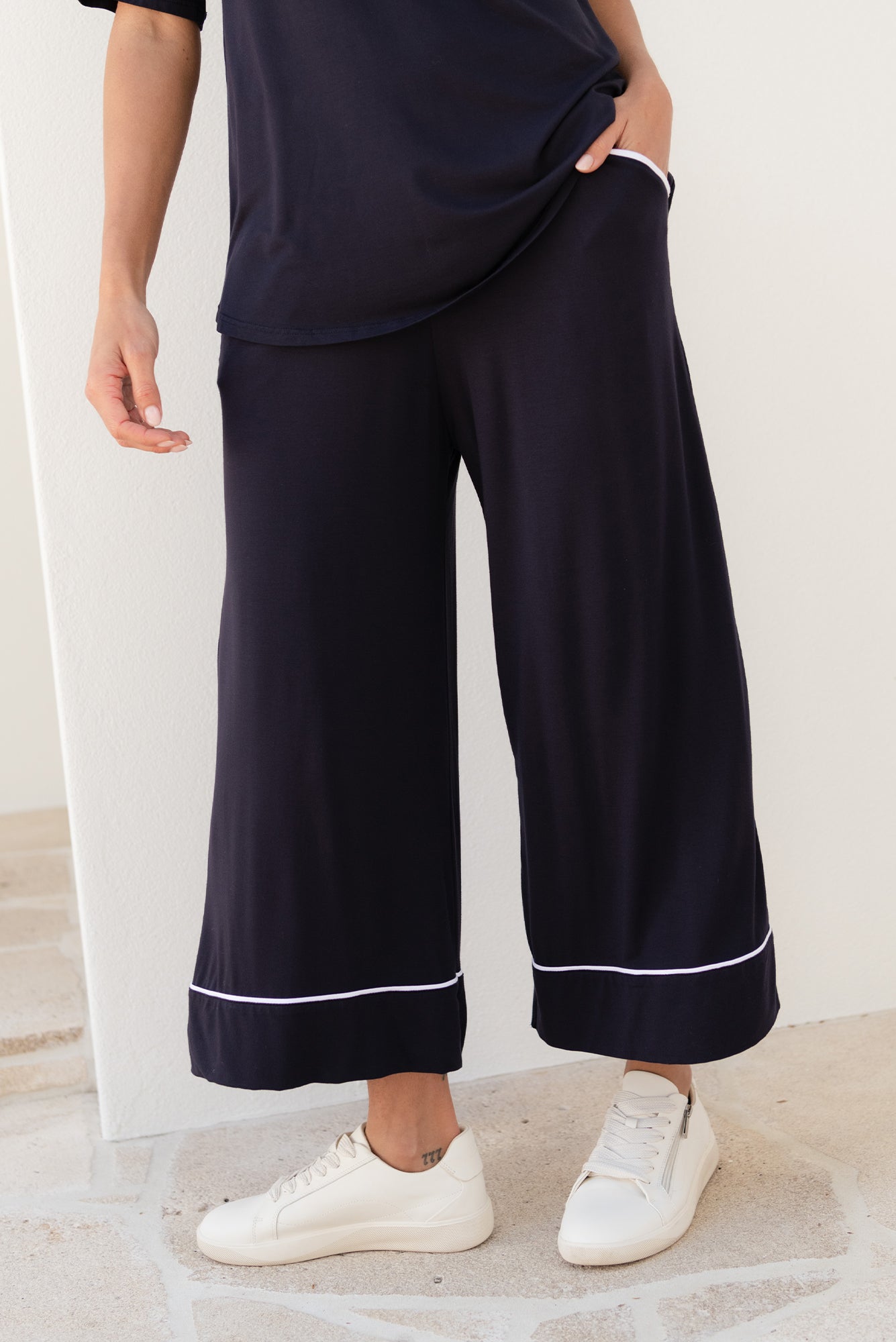 Lena Navy Contrast Micro Modal Resort Pants - Blue Bungalow AU