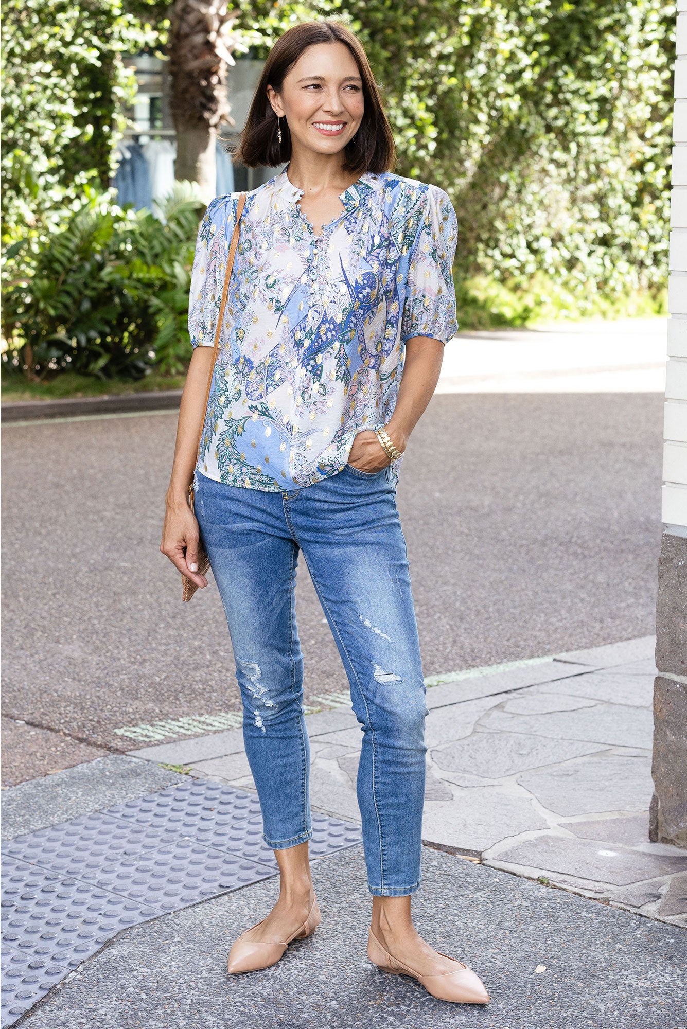 Alexandra Blue Abstract Button Top - Blue Bungalow AU