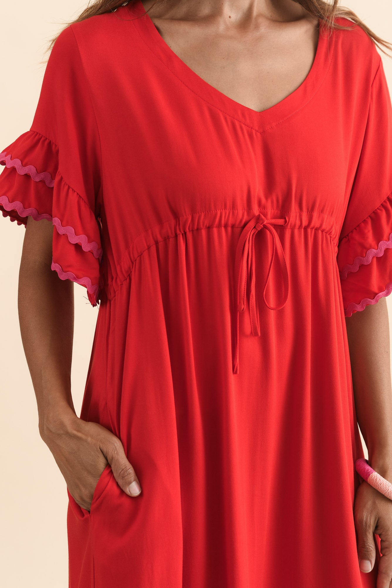 Rosemarie Red Contrast Frill Dress - Blue Bungalow AU