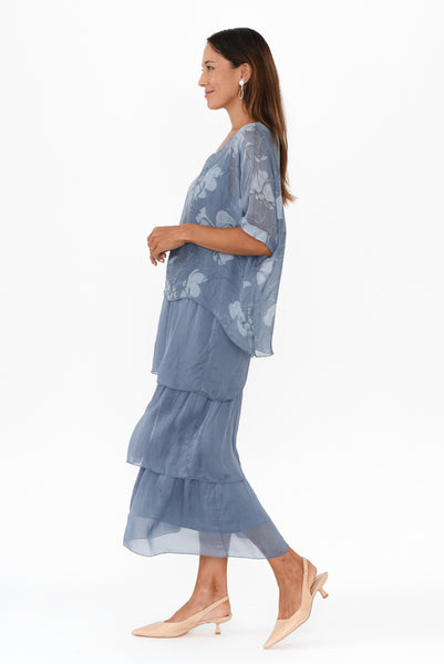 Rosetta Blue Floral Silk Layer Dress - Blue Bungalow AU