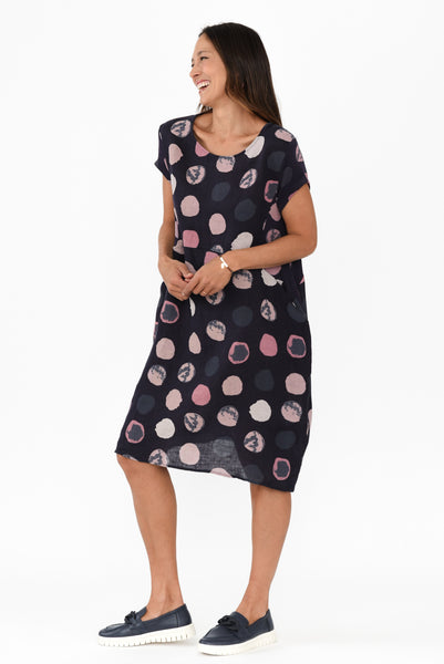 Sawyer Dark Blue Spot Linen Pocket Dress - Blue Bungalow AU