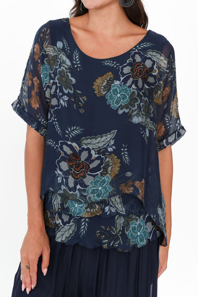 Talia Navy Flower Silk Layer Top - Blue Bungalow AU