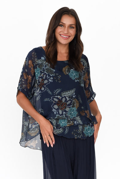 Talia Navy Flower Silk Layer Top - Blue Bungalow AU