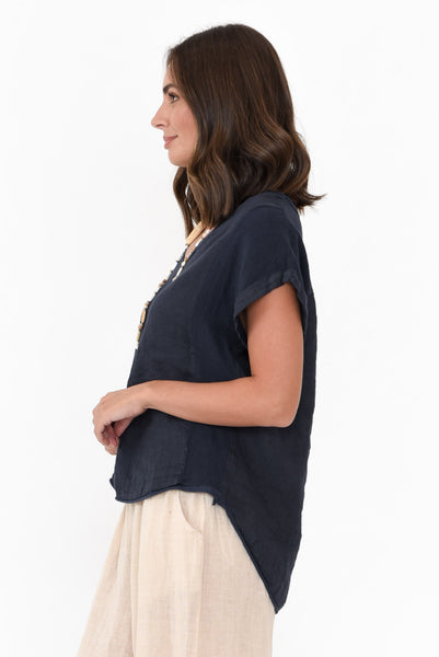 Dorian Navy Linen Cotton Top - Blue Bungalow AU