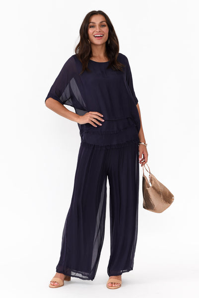 Talia Navy Silk Layer Top - Blue Bungalow AU